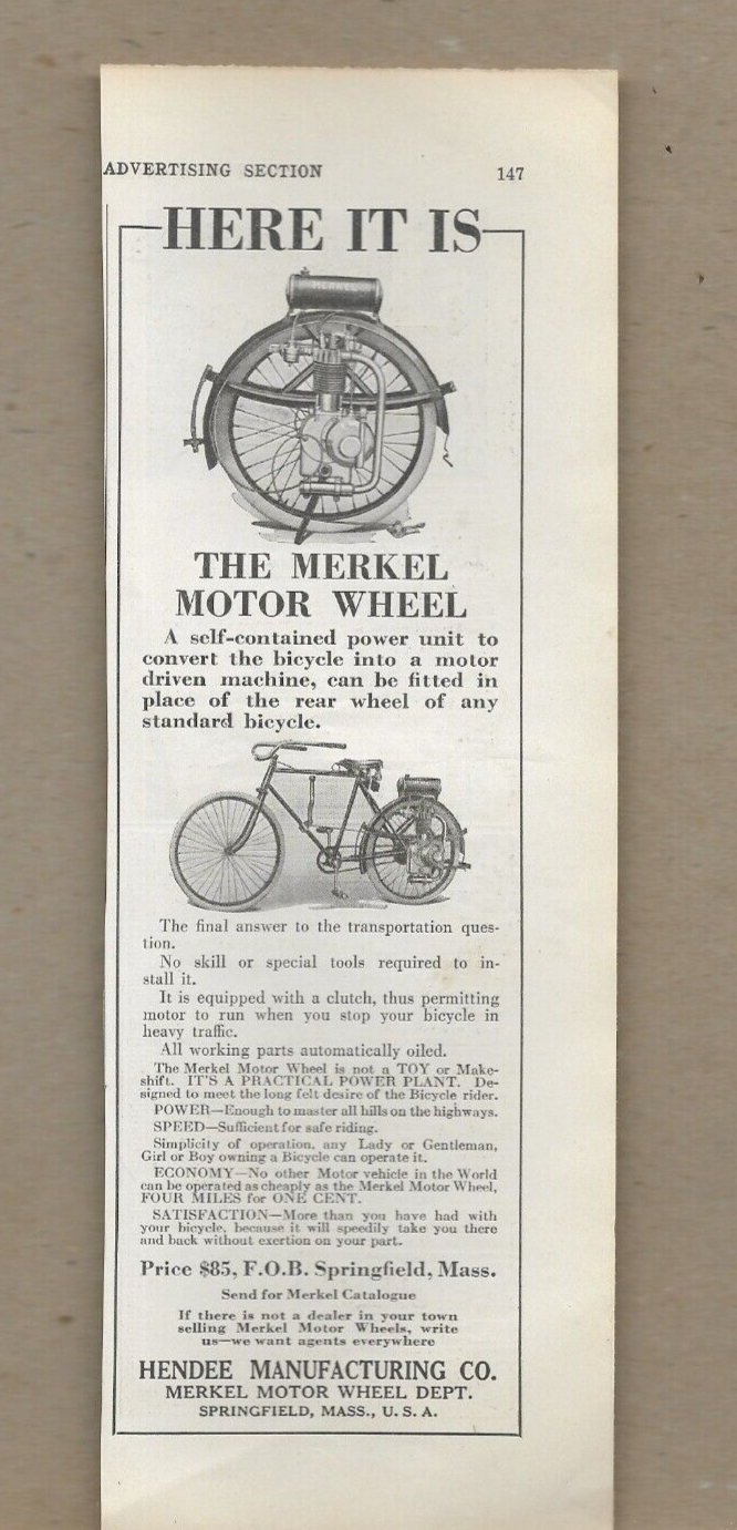 HENDEE MANUFACTURING CO. MERKEL MOTOR WHEEL BICYCLE POWER UNIT SEND ...
