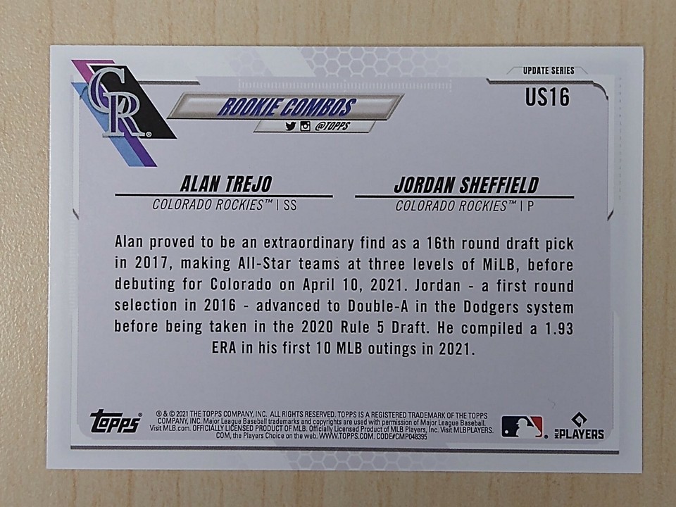 2021 Topps Update Series ALAN TREJO RC/JORDAN SHEFFIELD RC #US16 ROOKIE ...