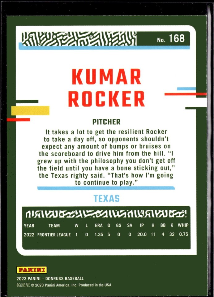 2023 Donruss Baseball Base Holo Blue #168 Kumar Rocker - Texas Rangers ...