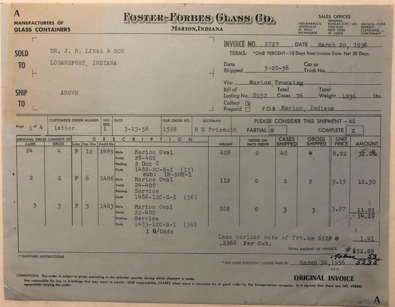 1956 Invoice Foster Forbes Glass Co. Manufacturer of Glass Containers ...