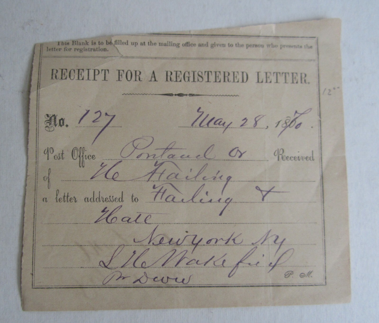 Old 1870 - Post Office Registered Letter Receipt Document - PORTLAND ...