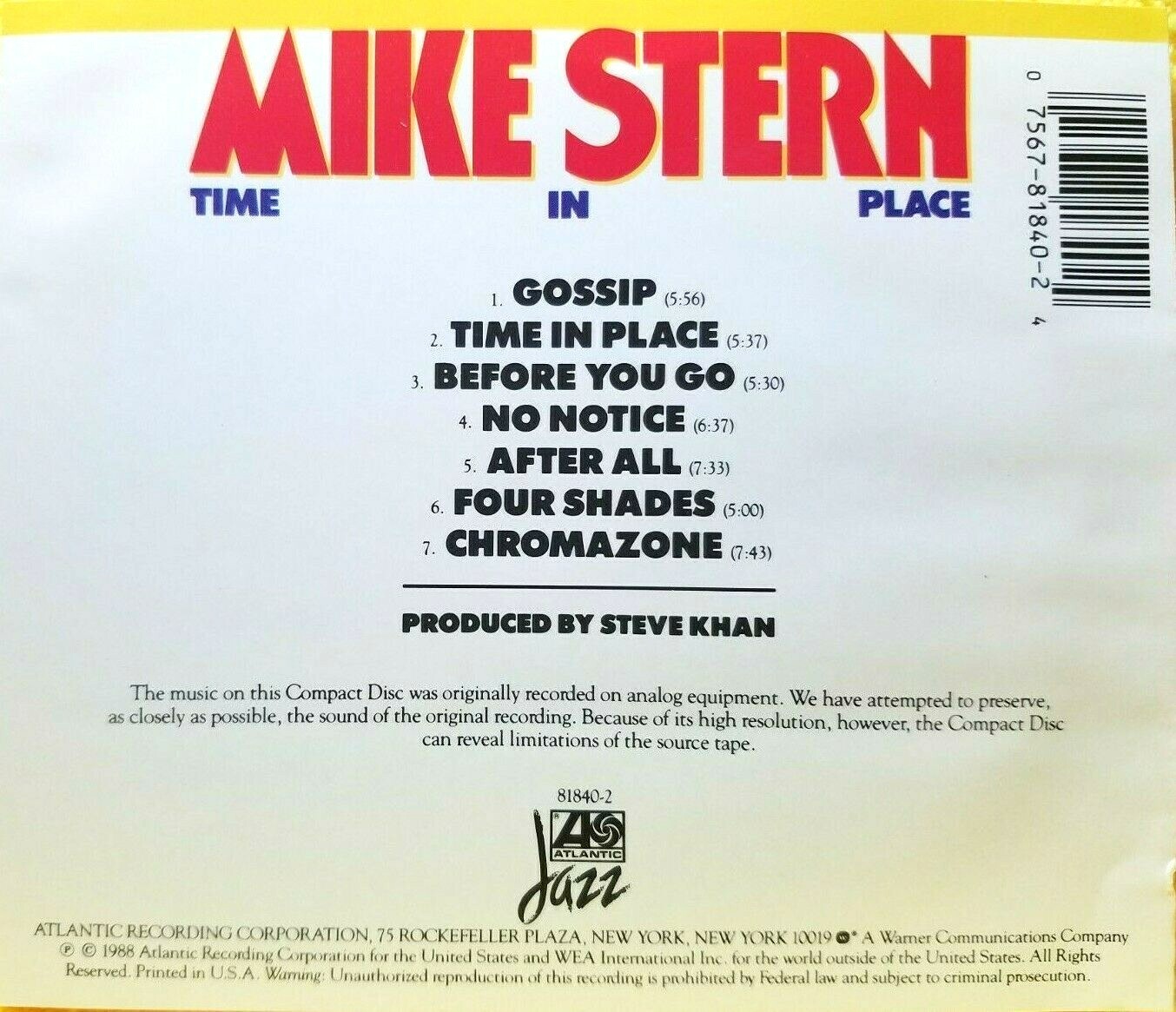 MIKE STERN - Time In Place - CD 1988 EXCELLENT CONDITION / FREE ...