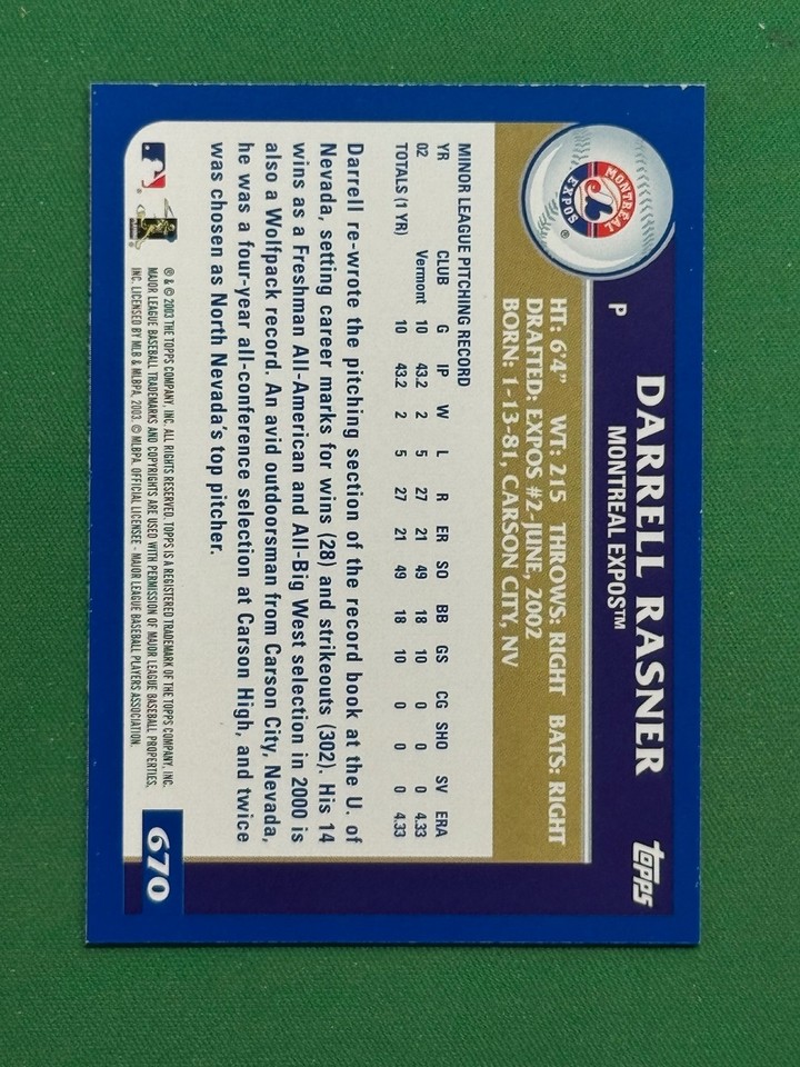 2003 Topps Series 2 Baseball Draft Pick #670 Darrell Rasner RC | eBay