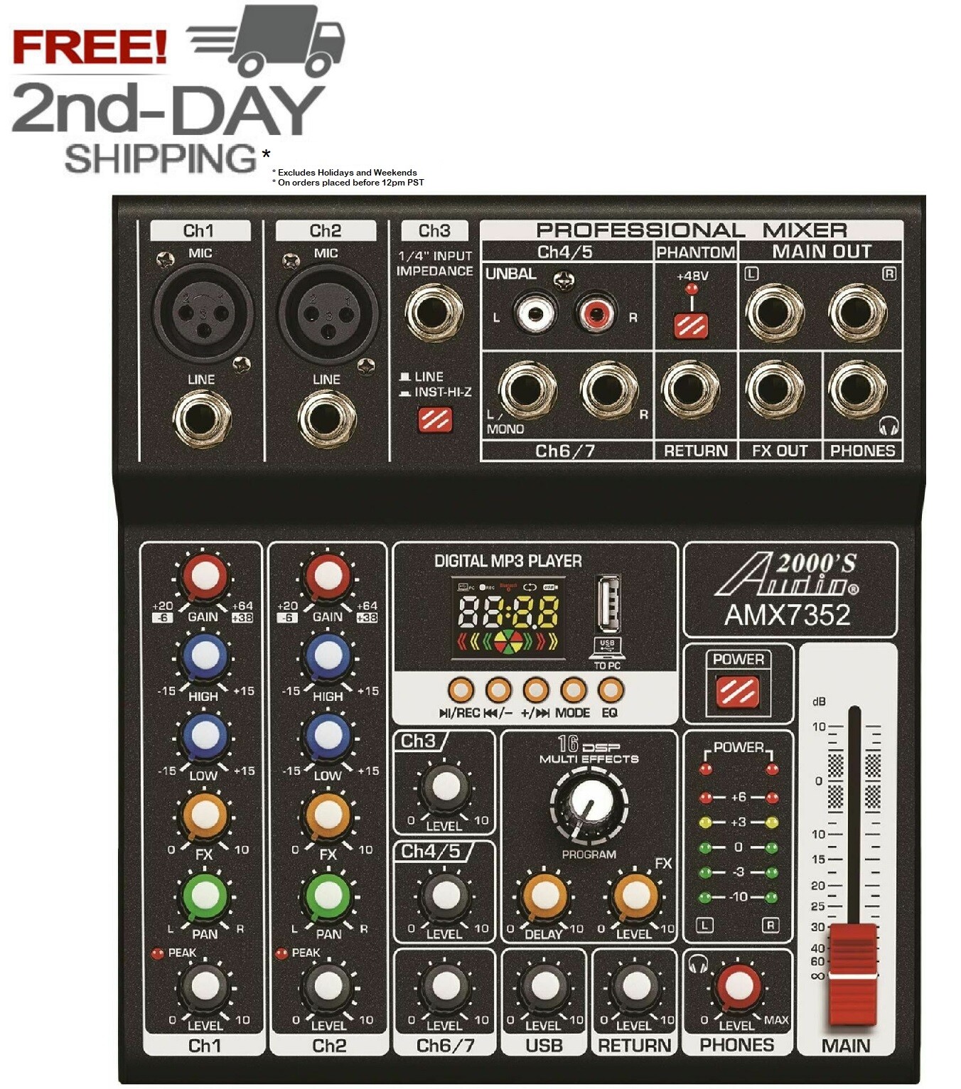 Audio2000'S AMX7352 7 Channel Audio Mixer with USB 5V Power Supply USB ...