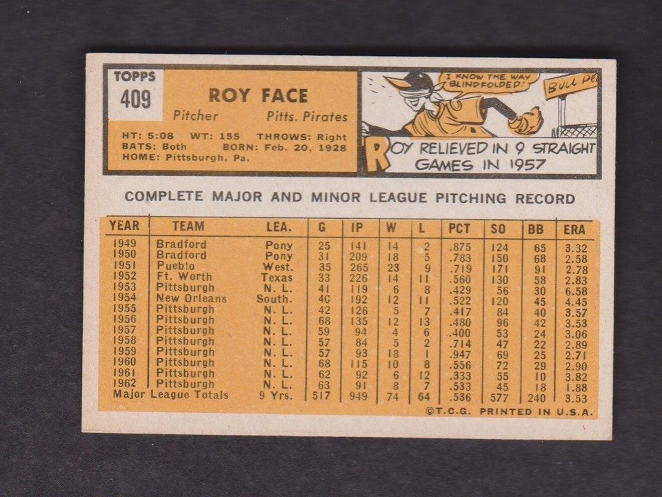 1963 Topps Baseball Card #409 Roy Face Pittsburgh Pirates EX+ Vintage ...