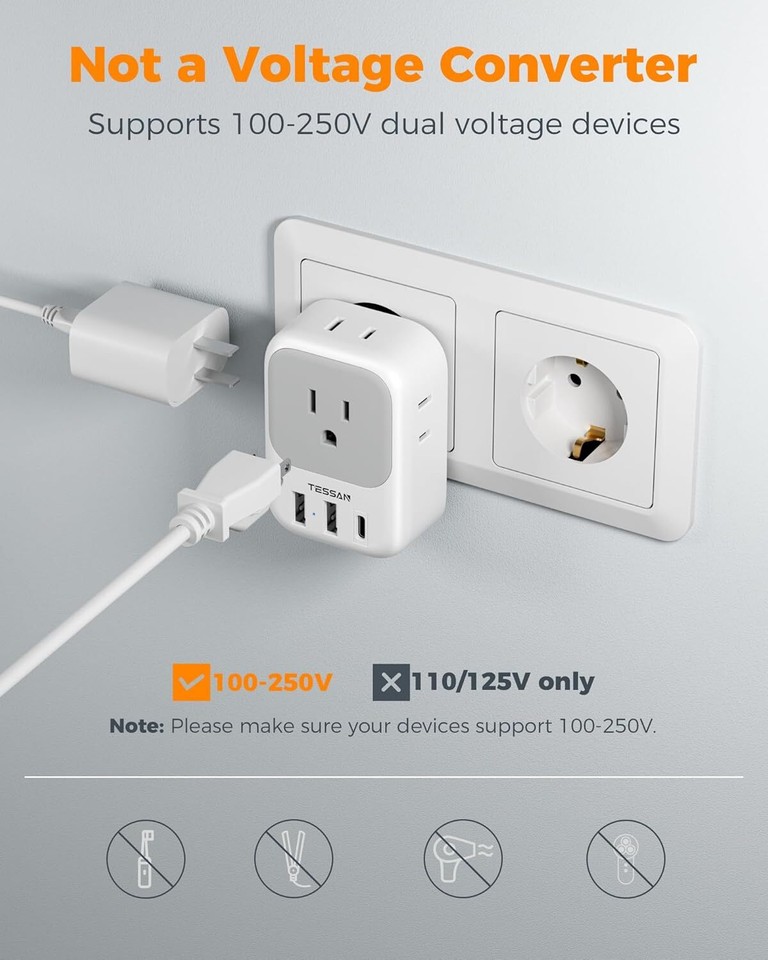 European Travel Plug Adapter with 4 AC Outlets 3 USB Ports Type C for ...