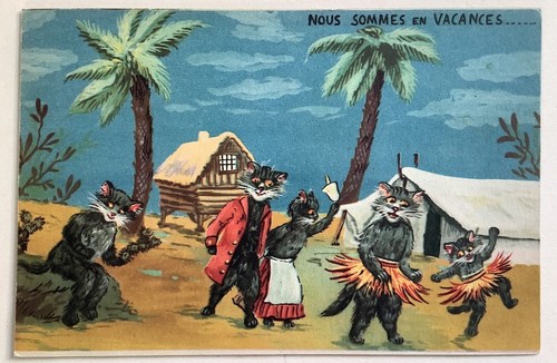 LOUIS WAIN style CAT pc humanized black CATS vacation on tropical ...