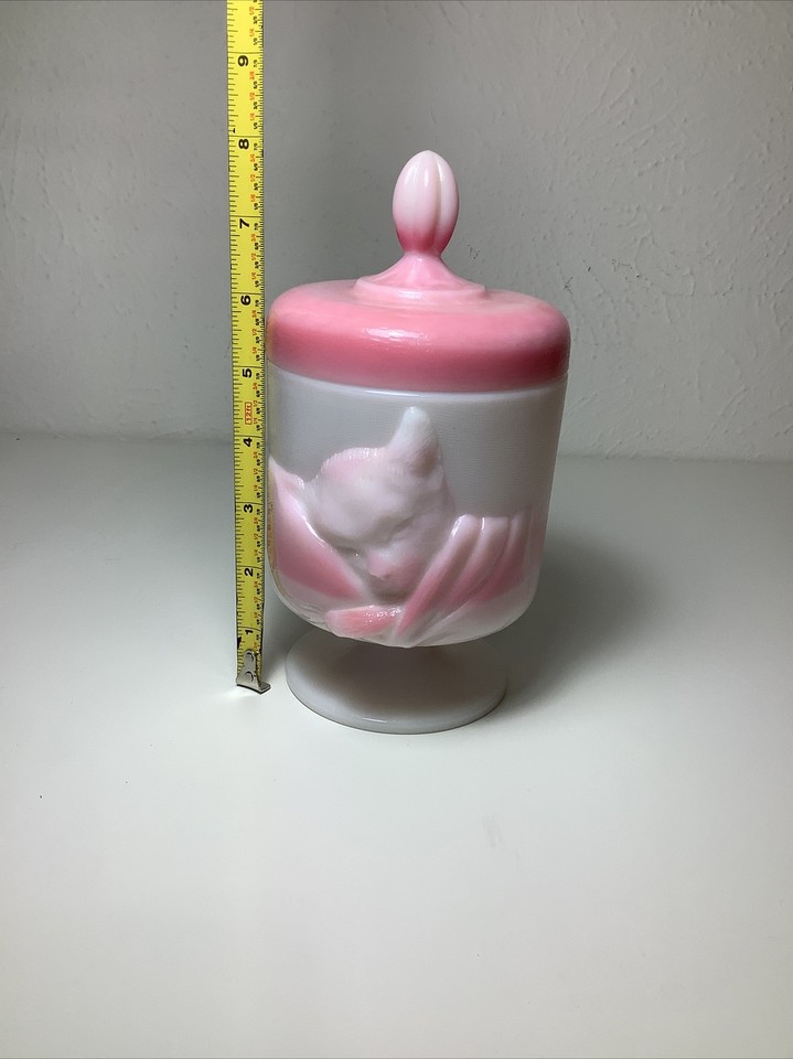 Rare Vintage Fenton Chessie Cat Jar Dish Rosalene Pink Milk Glass | eBay