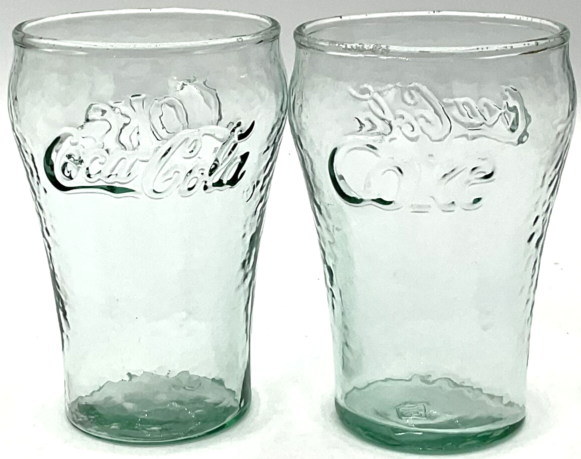 Lot of 2 Small Coca Cola Coke Glasses Pebbled Green Embossed Juice Size ...