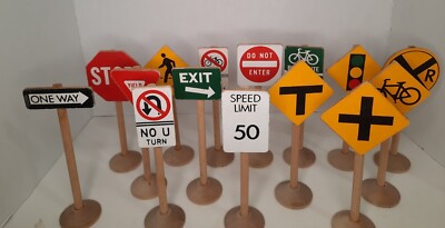 Vintage Childcraft Block Play 15 Wood Traffic Signs w/ box STOP, ONE ...