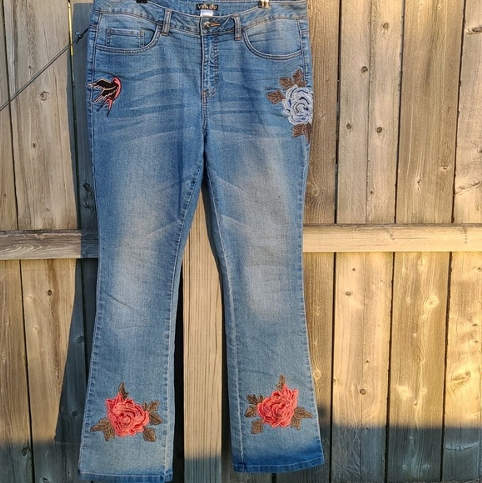 Embroidered Bootcut Jeans by Venus with Bird and Flowers Size 14 Floral ...