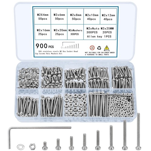 900PCS M2 Screws Nuts and Washers Set Assortment Kit Stainless Steel ...