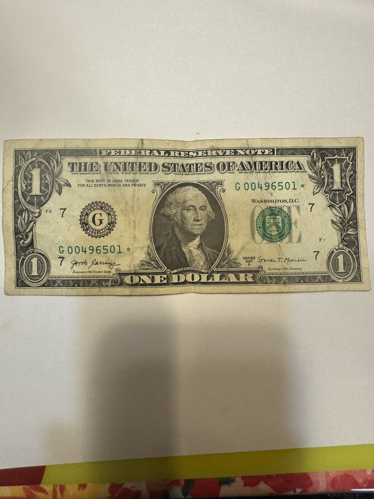 2017 A - $1 ONE DOLLAR STAR NOTE BILL With Serial Numbers: G 00496501 ...