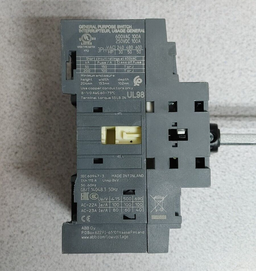ABB OT100F3 DISCONNECT SWITCH 3PH 100A 600VAC 50HP w/ SHAFT QUANTITY ...