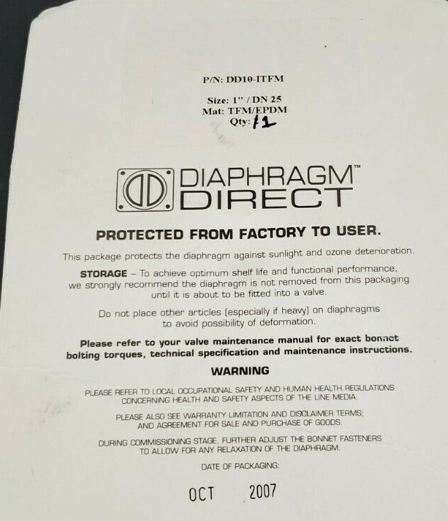 NEW DIAPHRAGM DIRECT P/N: DD10-ITFM SIZE: 1'' / DN 25 MAT: TFM/EPDM ...