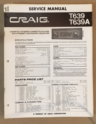 Craig Model T639 T639A Car Stereo / Cassette Service Manual *Original ...