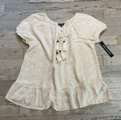 Unique Spectrum Linen Blend Blouse L Beige Short Puff Sleeve Ruffle Tie ...