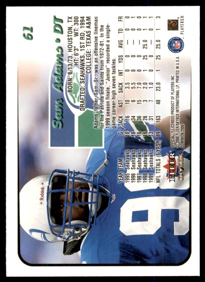 2000 FLEER DOMINION SAM ADAMS SEATTLE SEAHAWKS #61 | eBay