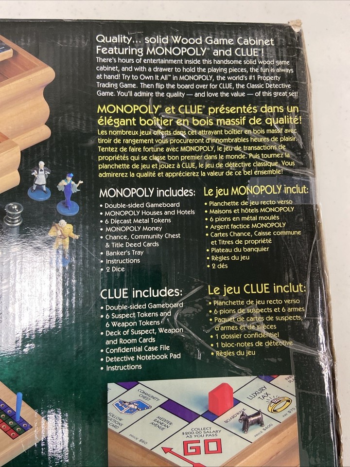 Monopoly Clue Chess Checkers Dominoes + 3 Games in Wood Cabinet w ...