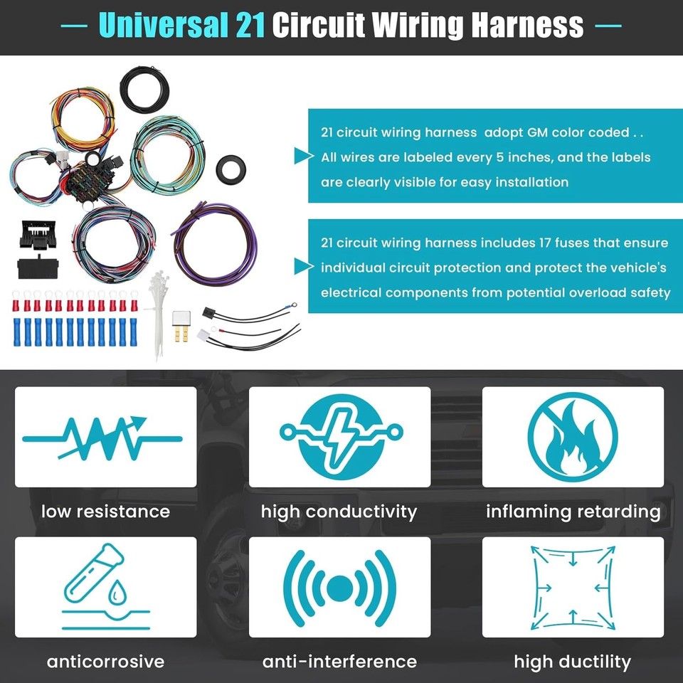 Universal 21 Circuit Wiring Harness Kit, Universal Extra Long Wire 21 ...