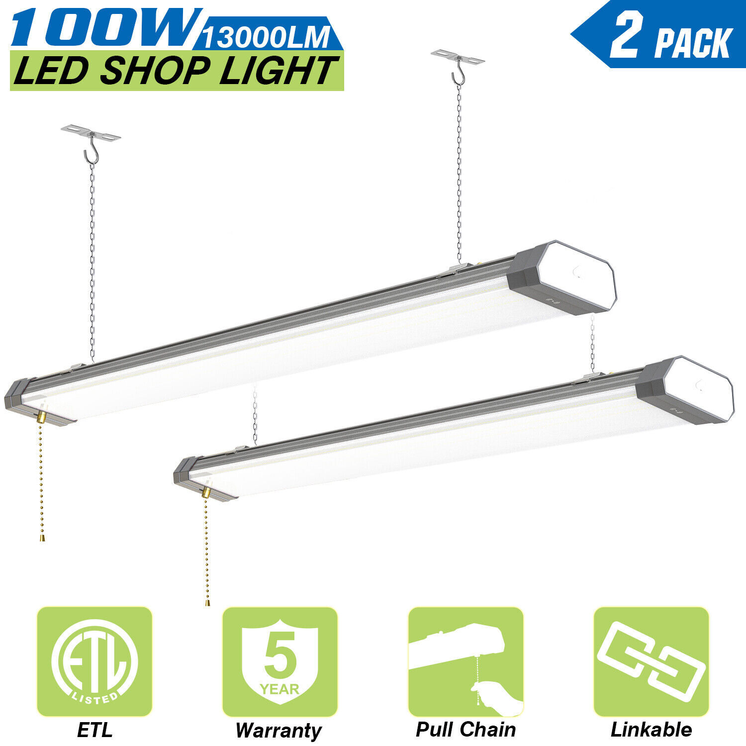 2 Pack 4ft LED Garage Lights Commercial Shop Light Ceiling Tube Fixture ...