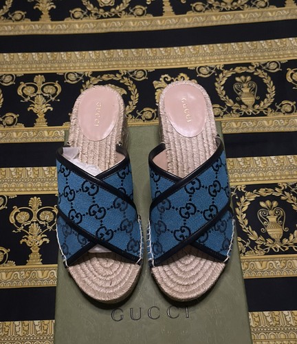 Nouveau Dans La Boîte Gucci GG Bleu Monogramme Sandales Slides ...