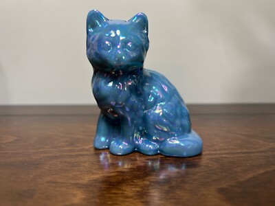 Vintage Mosser Glass Sitting Fluffy Cat Kitten Georgia Blue Carnival ...