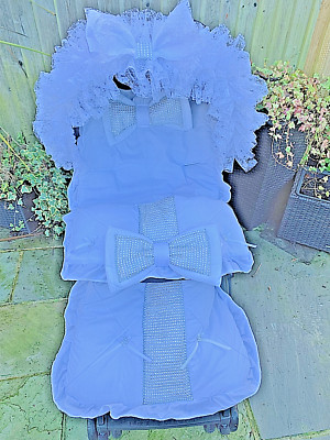 PRAM PUSHCHAIR - FRILLY BLING WHITE BOW COSYTOES FOOTMUFF + HOOD FRILL ...