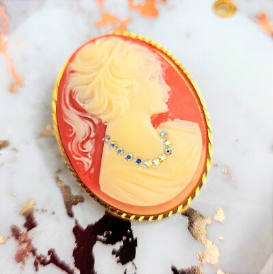 Vintage Cameo Brooch Pin Coral Color Embossed Lady Gold Tone Rhinestone ...