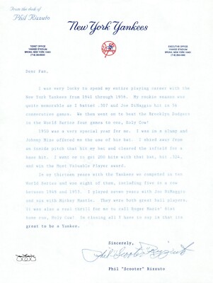 Phil Scooter Rizzuto Signed Career Stats Letter w/ Yankee Stationary ...