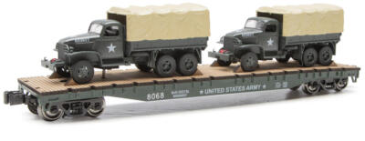 O Gauge Two US Military Army Cargo Trucks Train Cars Camo Long Army ...