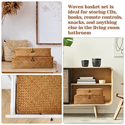 Set Of 4 Seagrass Basket With Lid Wicker Storage Basket Decorative ...