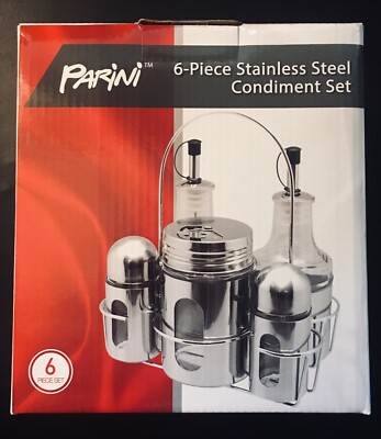 Parini 6-Piece Stainless Steel Condiment Set Salt Pepper Shaker Oil ...