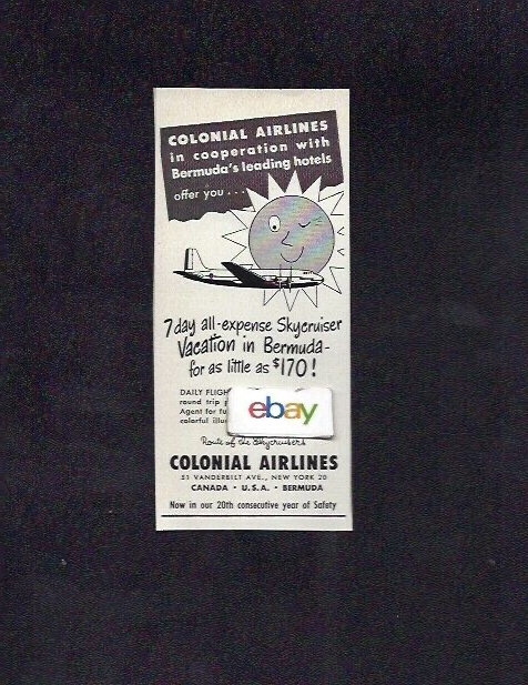 COLONIAL AIRLINES 1949 TO BERMUDA NEW YORK LA GUARDIA SKYCRUISER DC-4 ...
