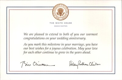 1990s PRESIDENT BILL CLINTON wedding congratulations card PRINTED ...