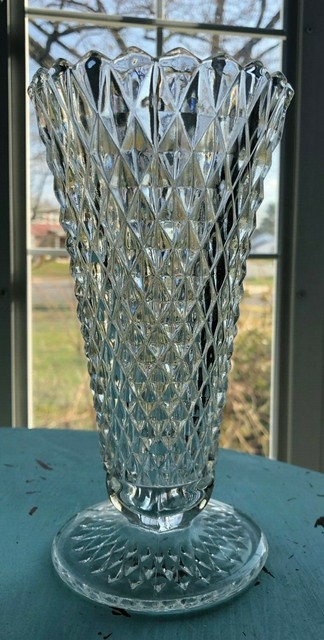 Indiana Glass Diamond Point Clear Depression Glass Footed Vase Vintage