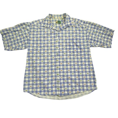 Johnny Cotton Shirt Men M Blue White Plaid Fly Fish Trout Print Button ...