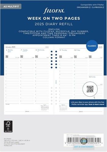 Filofax 2025 A5 Diary - Week On Two Pages Appointment - Refill Multi ...