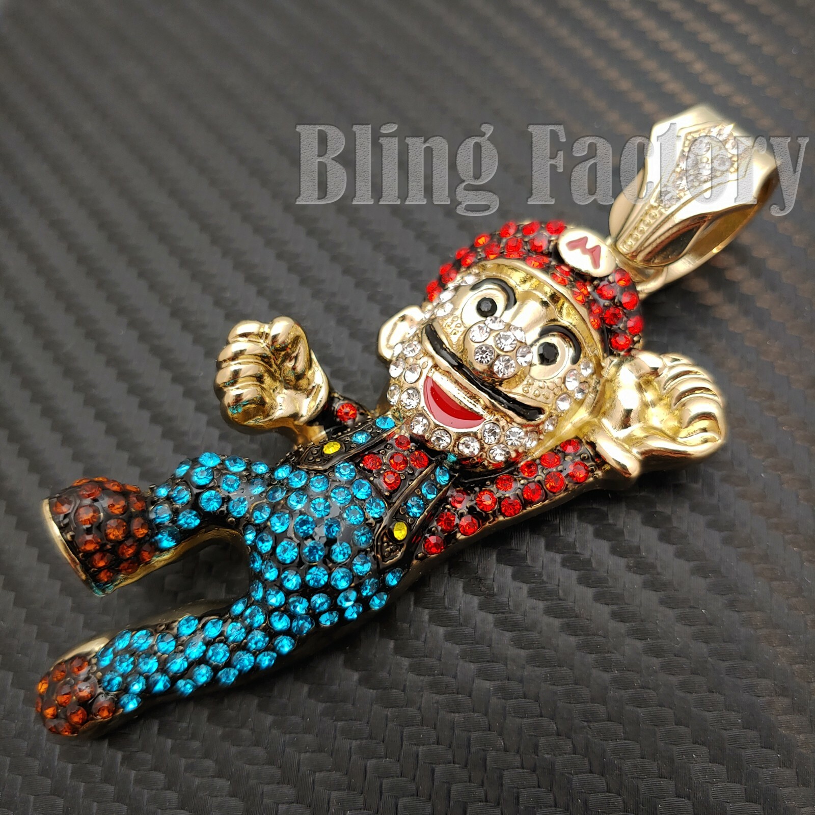 Hip Hop Super Mario Pendant & 18" Iced Cuban Box Lock Choker Chain ...