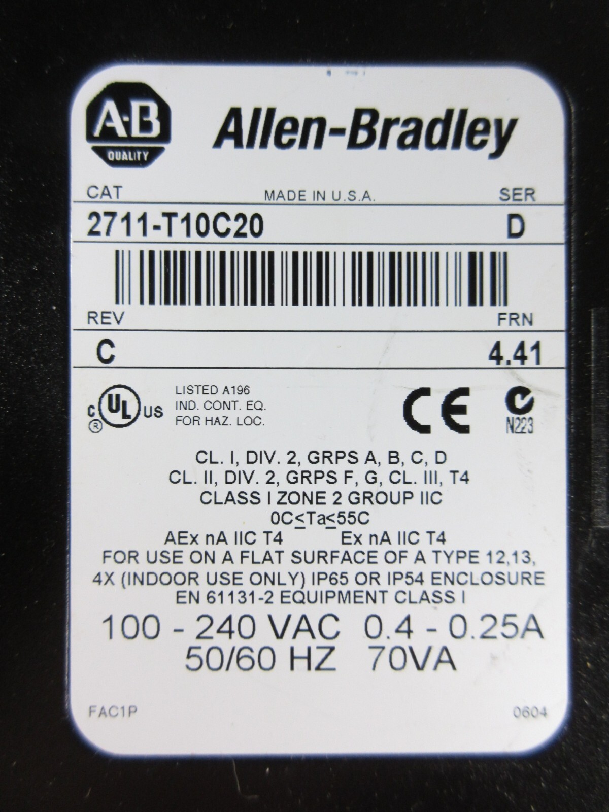 Allen Bradley, PanelView 1000, Color Interface, 2711-T10C20, SER D ...