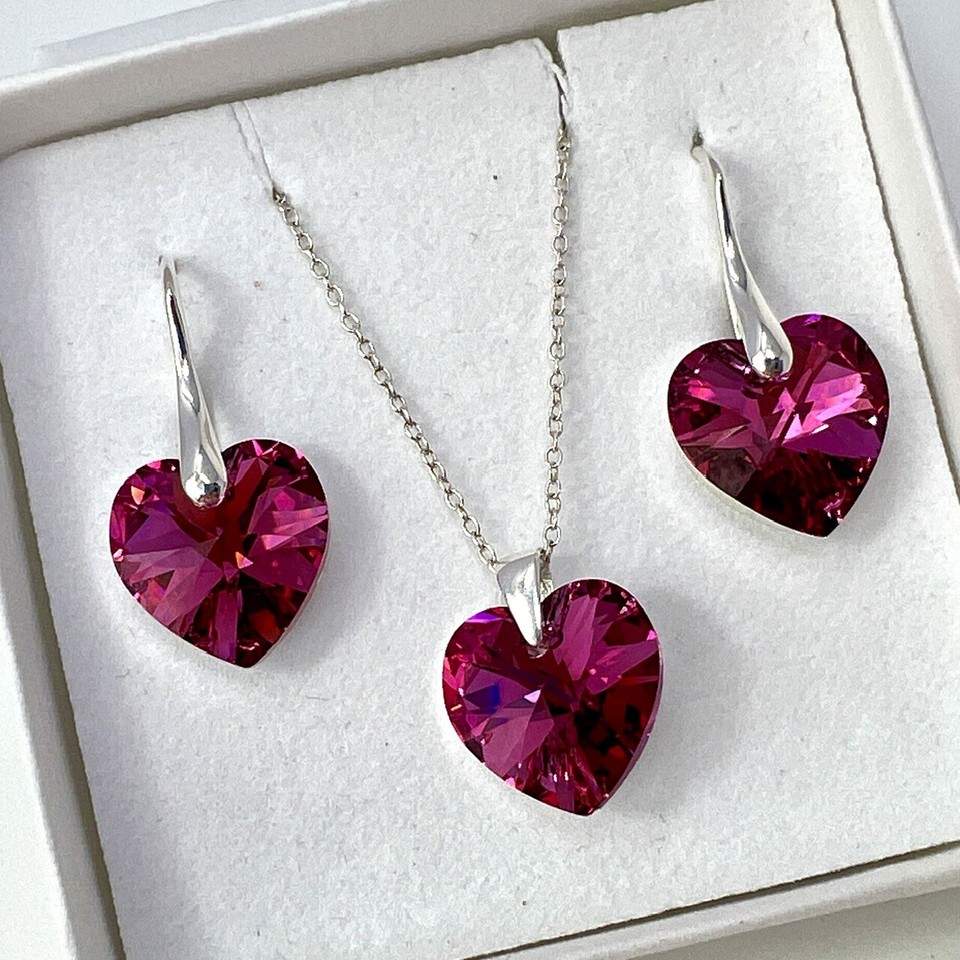 925 Silver Rose Heart Necklace Earring Set Made With Austrian Crystals ...