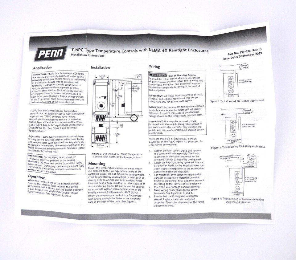 PENN Johnson Controls T19PC-3C Agricultural Thermostat Hired Hand P/N ...