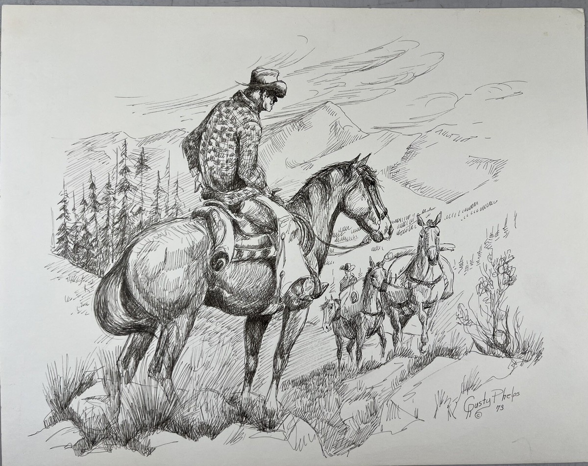 Cowboy På Oppdrett Hest Tegning