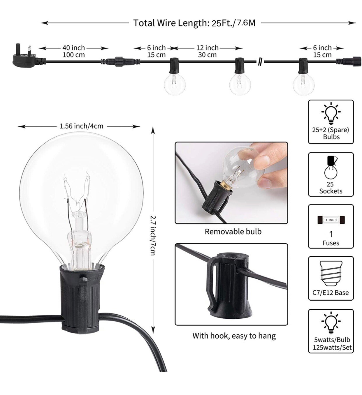 Outdoor String Lights Mains Powered 25 Feet G40 25+2 Bulbs Waterproof ...