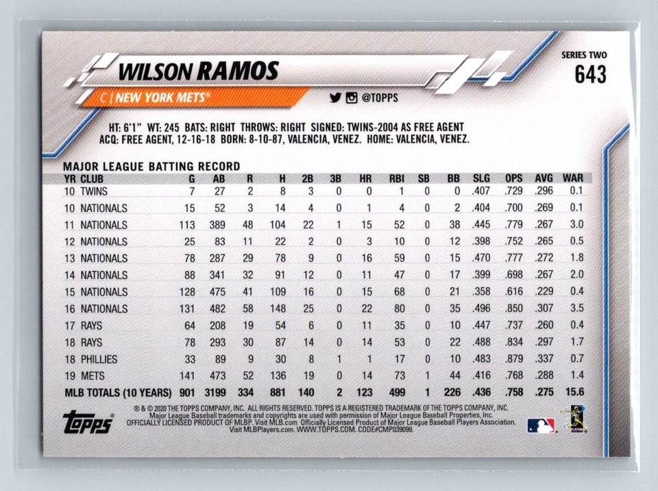 2020 Topps #643 Wilson Ramos New York Mets Baseball Card | eBay