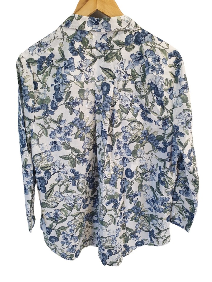 katies blue floral roll sleeve button front voile shirt top Size 18 $84 ...