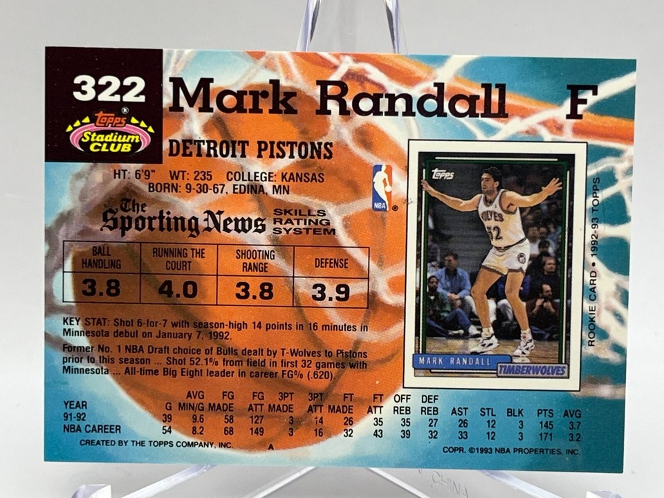 1992 Topps Stadium Club Series II NBA Card #322 Mark Randall Detroit ...