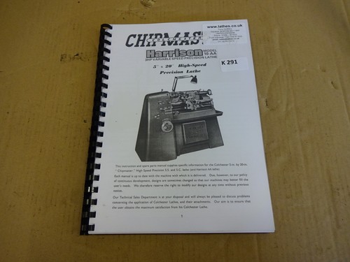 Colchetser Chipmaster & Harrison Model 10AA lathe manual + parts | eBay