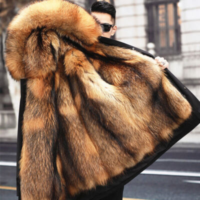 mens Faux mink fur lined long coat fur collar hooded Warm Winter parkas ...