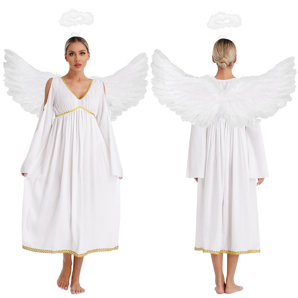 Women Fairy Angel Cosplay Costume Flowy Dress with Headband and Feather ...
